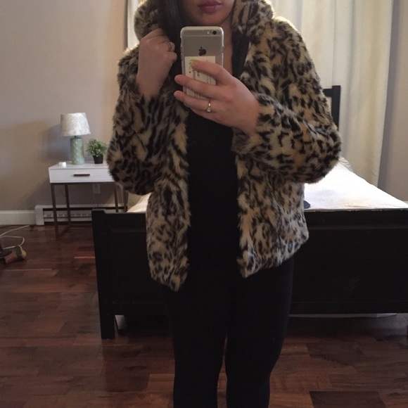 H&M | Jackets & Coats | Hm Animal Leopard Print Faux Fur Hooded Coat ...